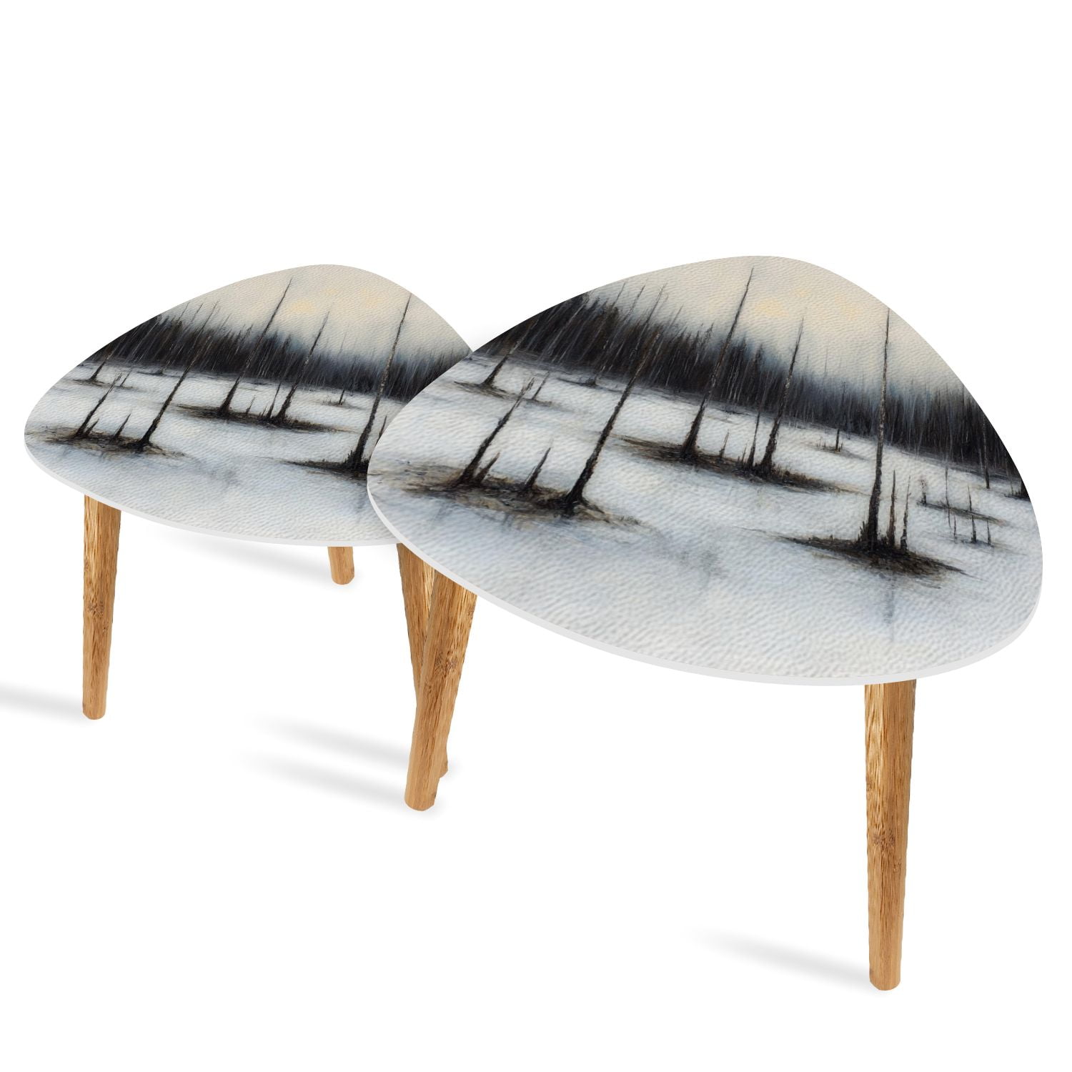 Set of 2 Triangle End Table Wood Cold Morning Mist Forest White Ruffled ...