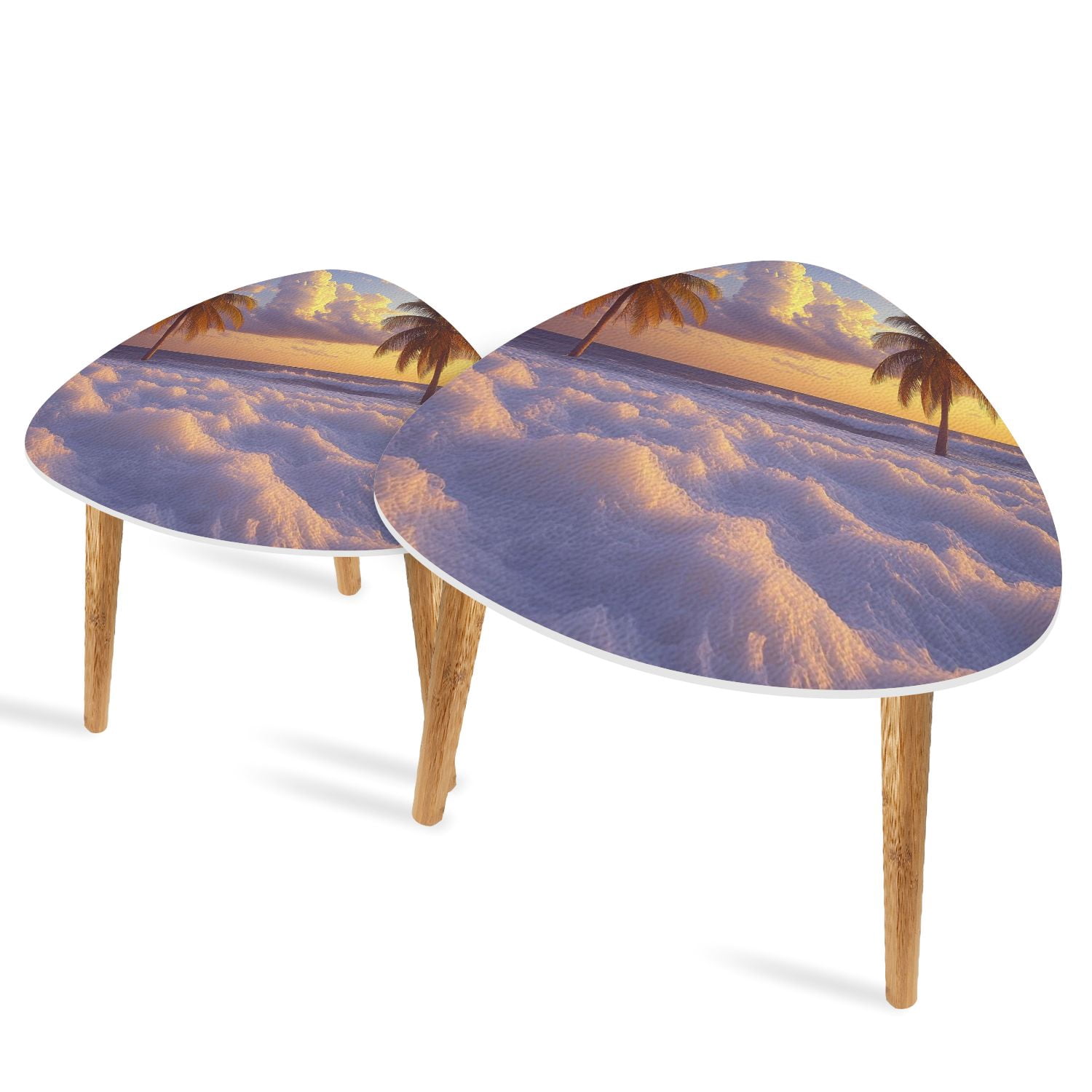 Set of 2 Triangle End Table Yellow Nature Palm Trees White Ruffled ...