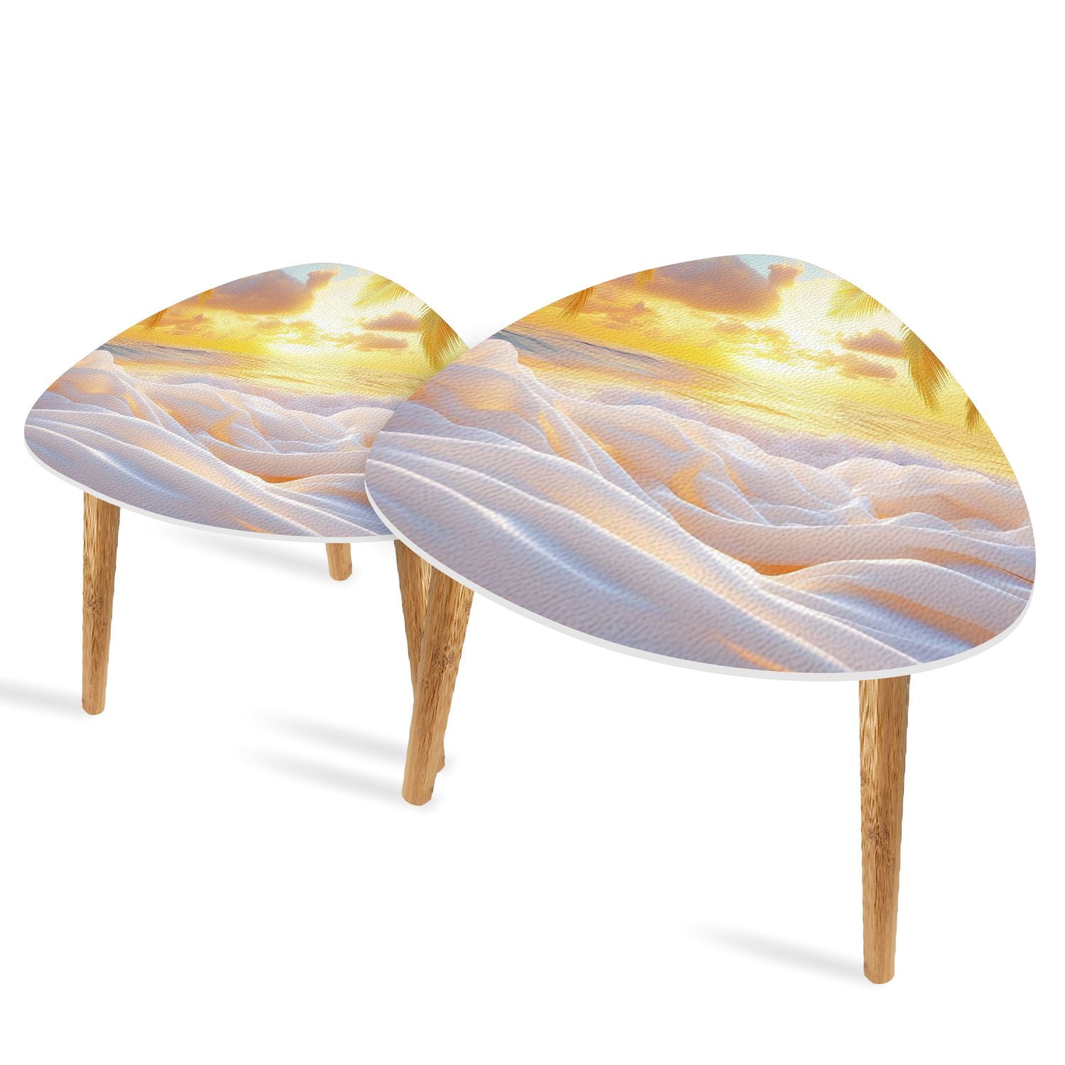 Set of 2 Triangle End Table Yellow Nature Palm Trees White Ruffled ...