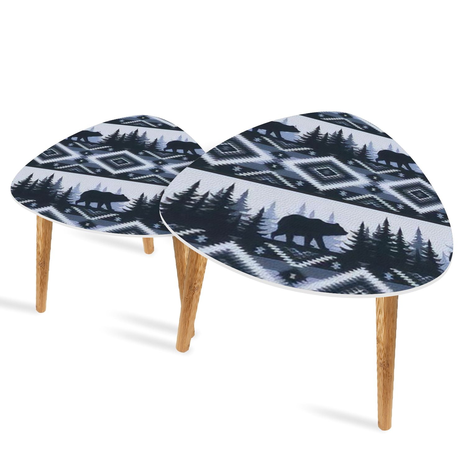 Set of 2 Triangle End Table blue tribal seamless bear fir tree abstract ...