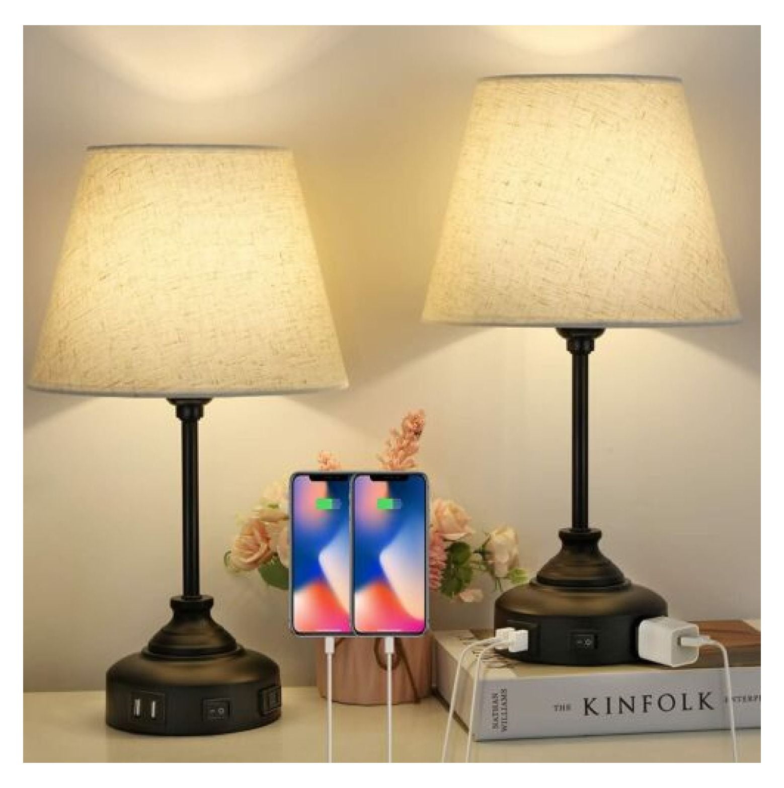 Set of 2 USB Bedside Table Lamps with 2 USB Charging Ports for Bedroom ...