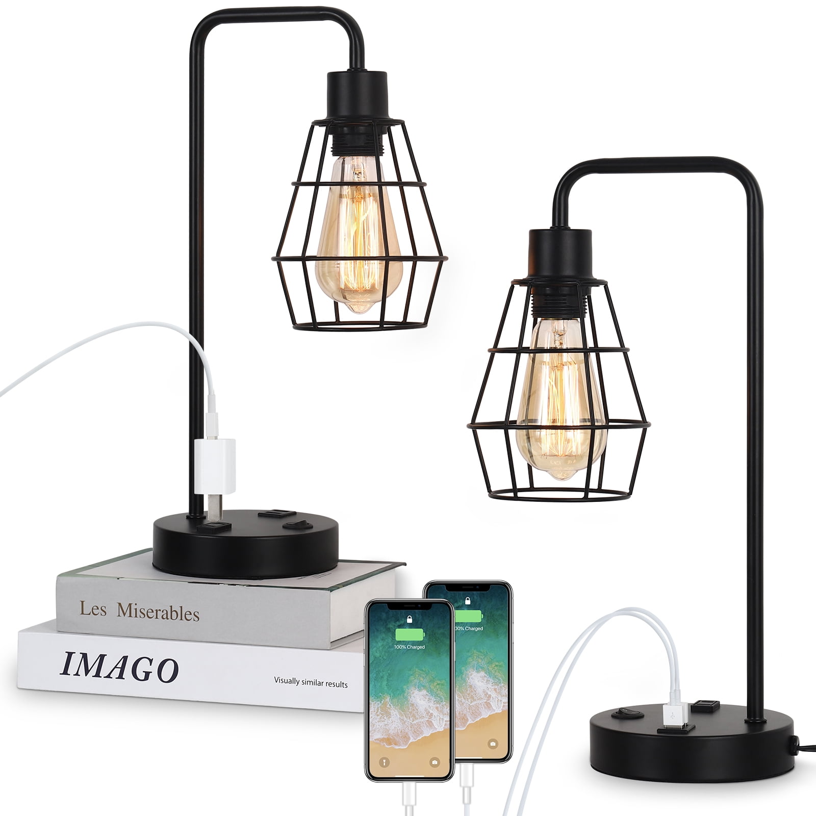 Set of 2 USB Table Lamp，Minimalist Desk Lamp with Dual USB Charging ...