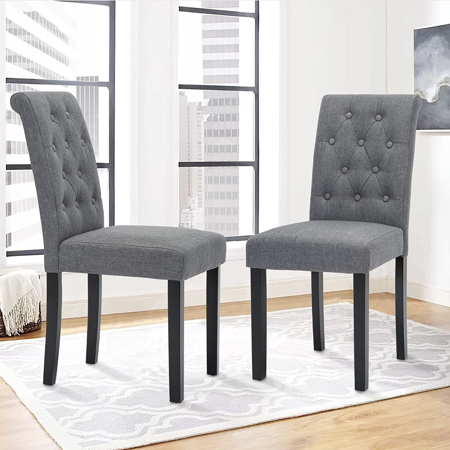Set of 2 Upholstered Fabric Dining Chairs with Button-Tufted Details ...