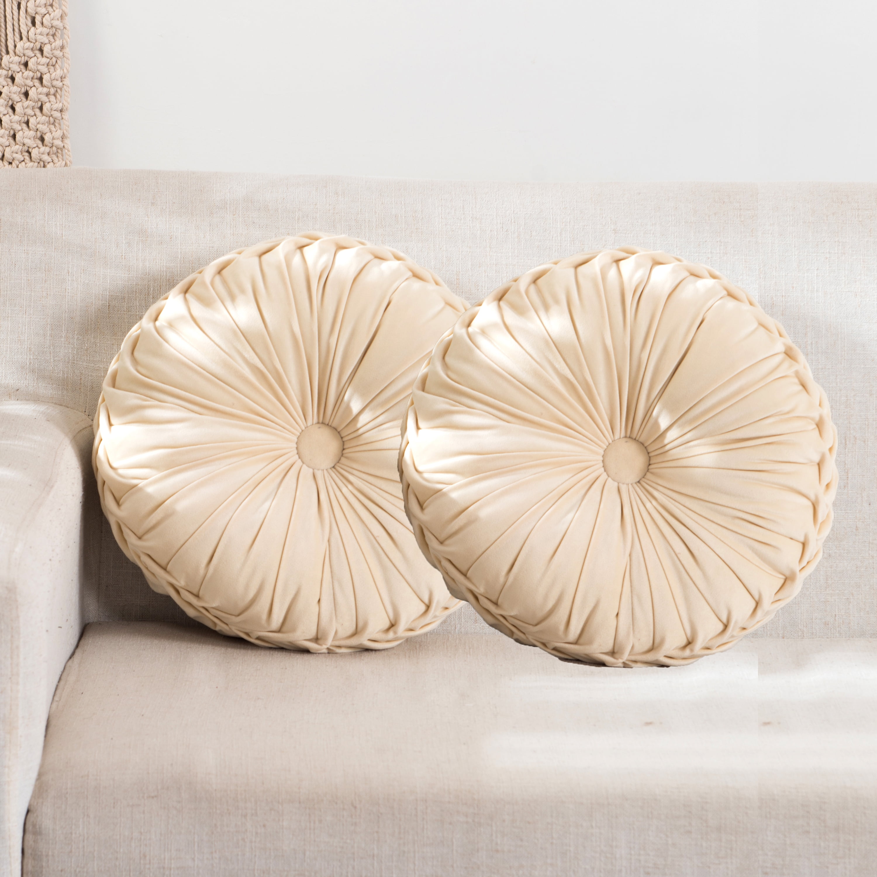 Set of 2 Velvet Round Decorative Pillow for Couch 15-Inch (Cream ...