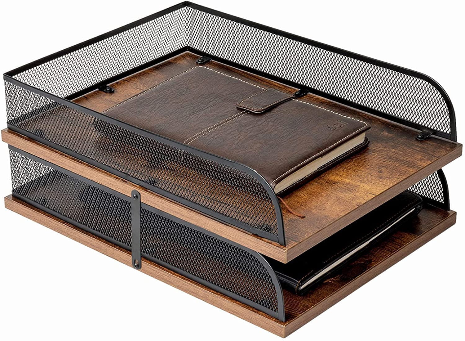 Set of 2 Vintage Wood & Metal Letter Tray，Desk Organizers Paper Tray ...