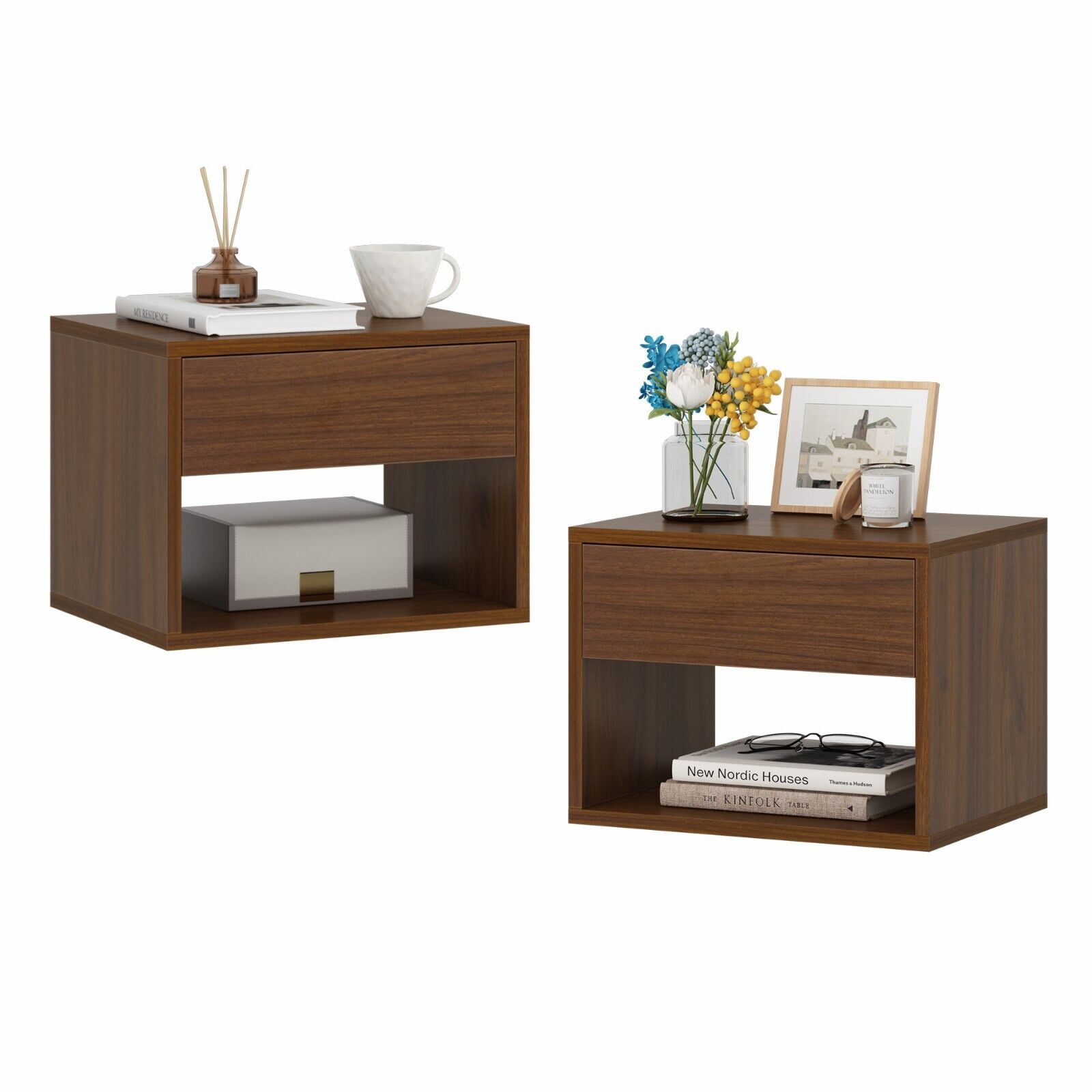 Set of 2 Wall-mounted Nightstand Floating Side Table with Drawer and ...