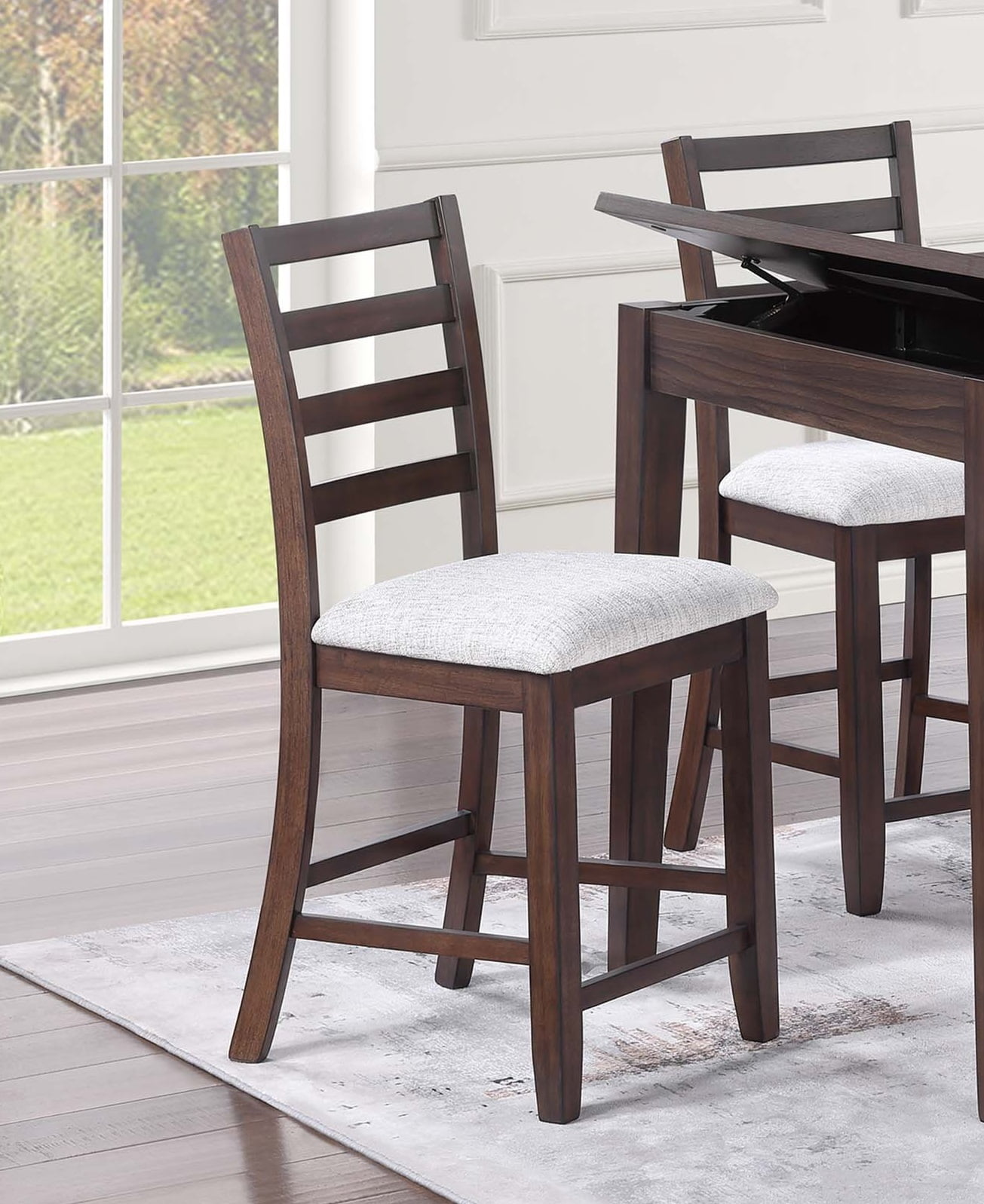 Set of 2 Walnut Counter Height Chairs | Ladder Back Padded Seat ...