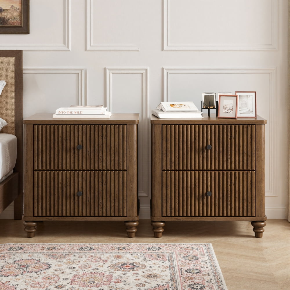 Set of 2 Walnut Fluted Nightstands, Mid-Century Modern 3-Drawer Wood ...