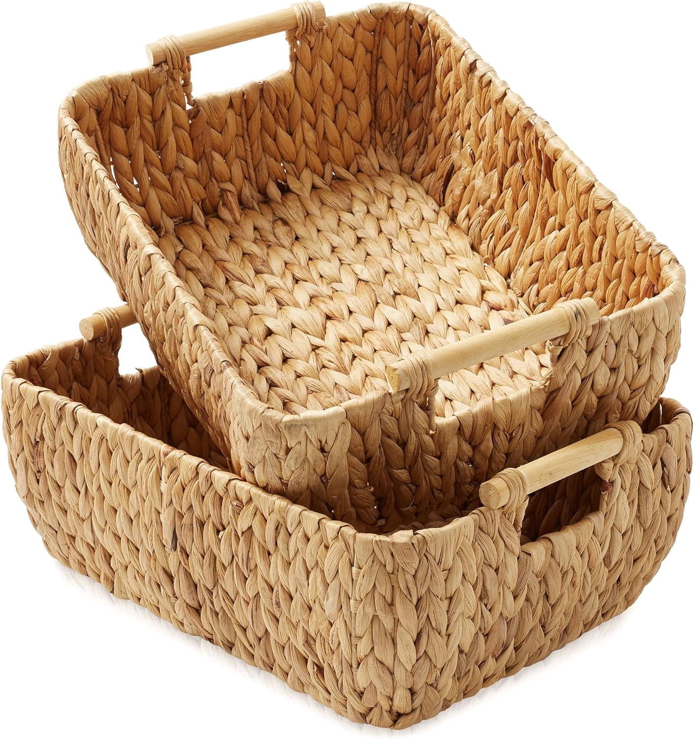 Set of 2 Water Hyacinth Oval Storage Baskets with Wooden Handles ...