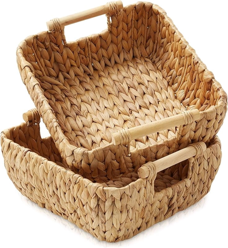 Set of 2 Water Hyacinth Oval Storage Baskets with Wooden Handles ...