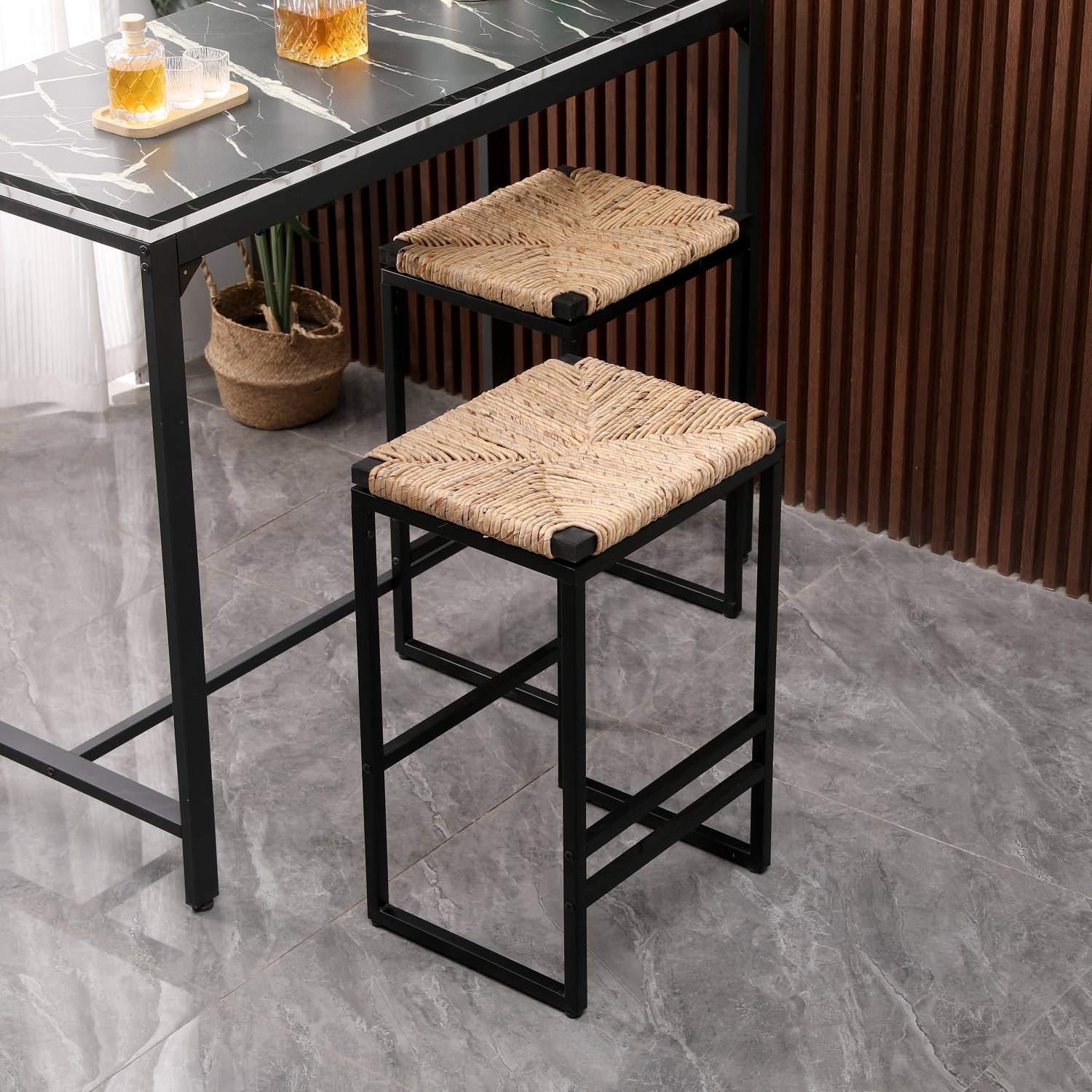 Set of 2 Water Hyacinth Woven Stools - Metal - Sturdy Construction ...