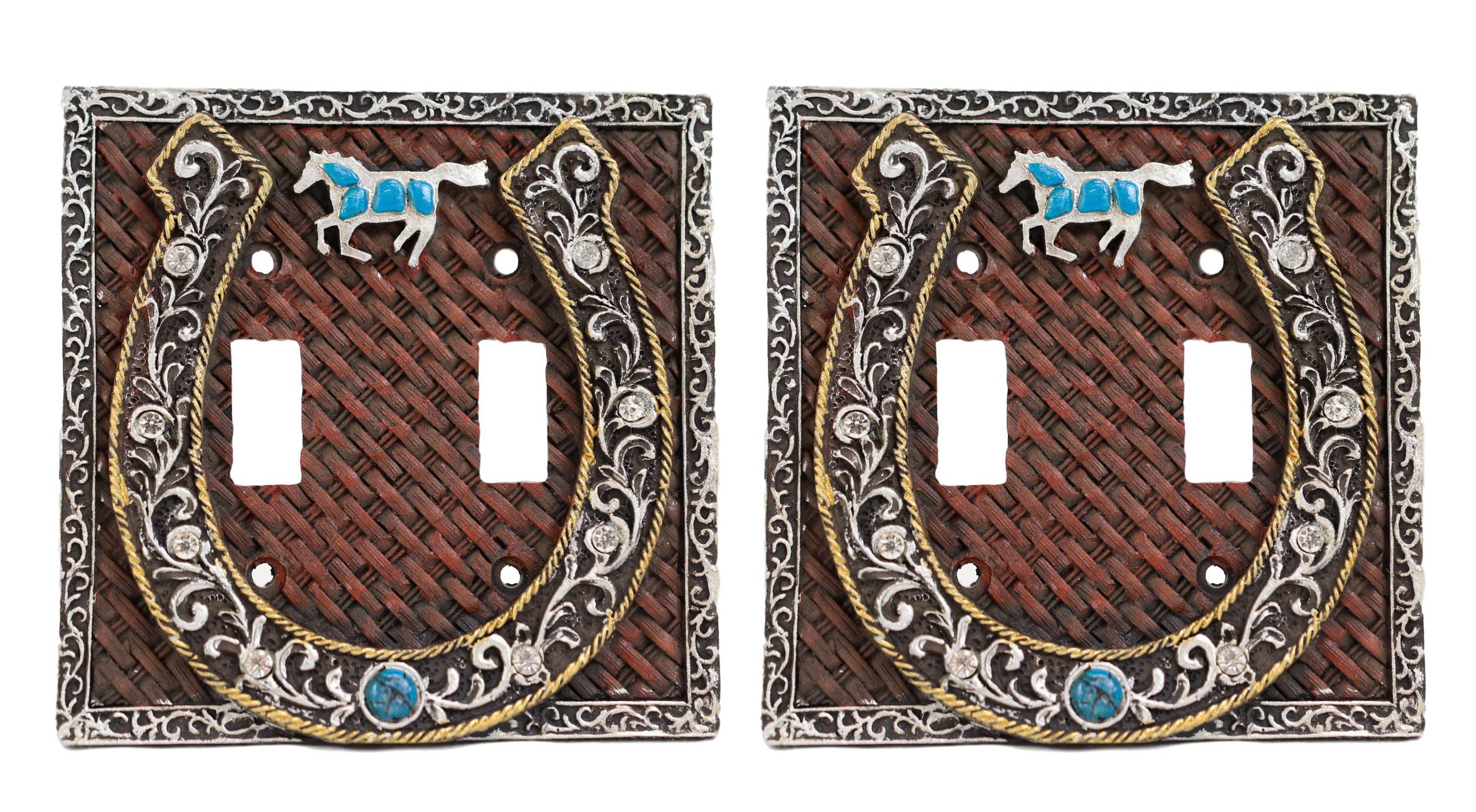 Set of 2 Western Horseshoe Turquoise Mustang Wall Double Toggle Switch ...