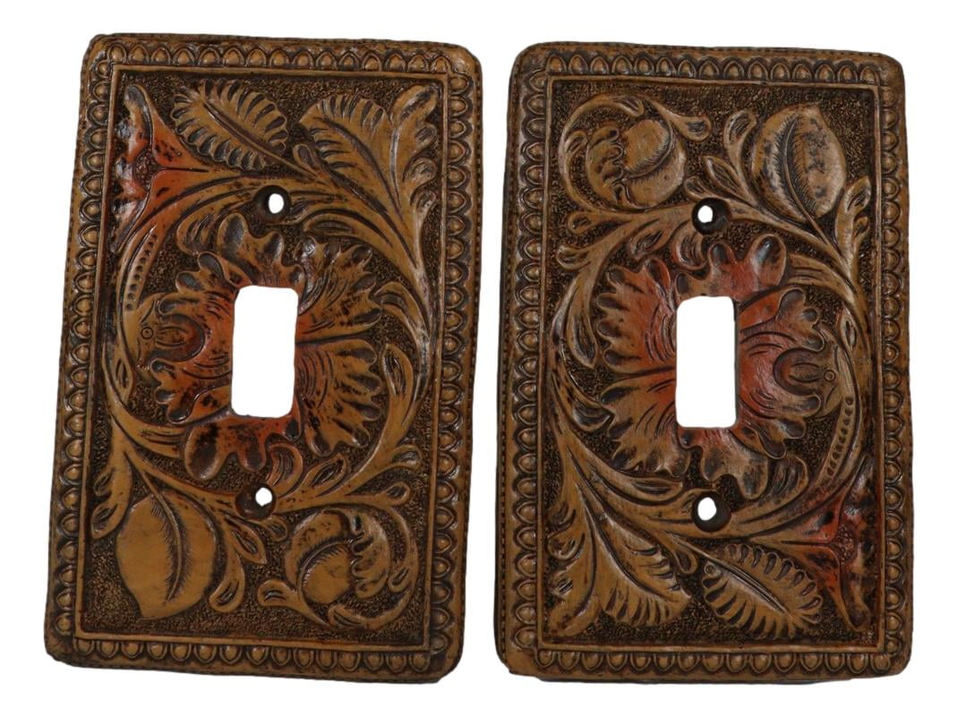 Set of 2 Western Tooled Floral Lace Faux Wood Wall Single Toggle Switch ...