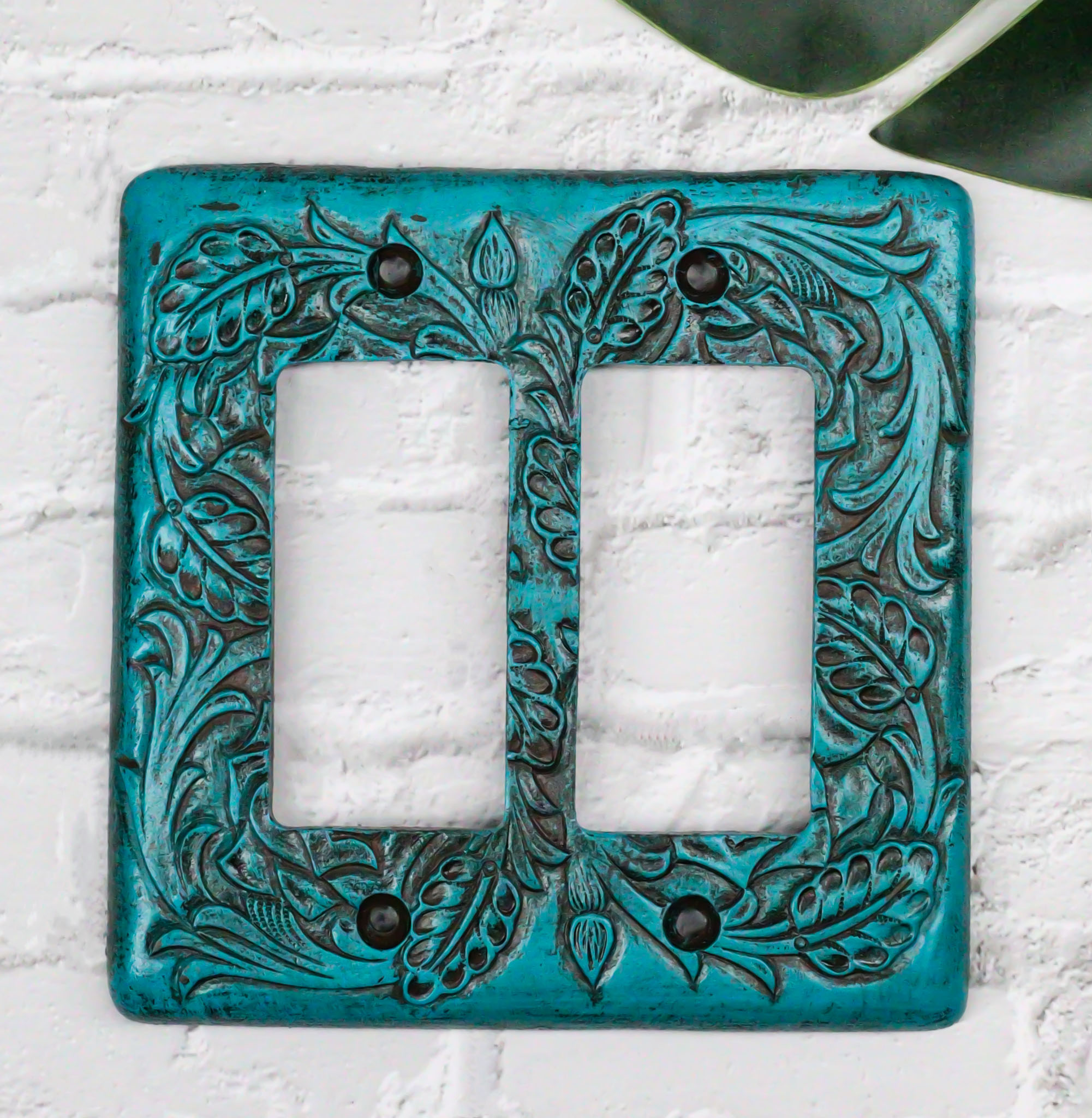 Set of 2 Western Tooled Floral Turquoise Wall Double Gang Rocker Switch ...