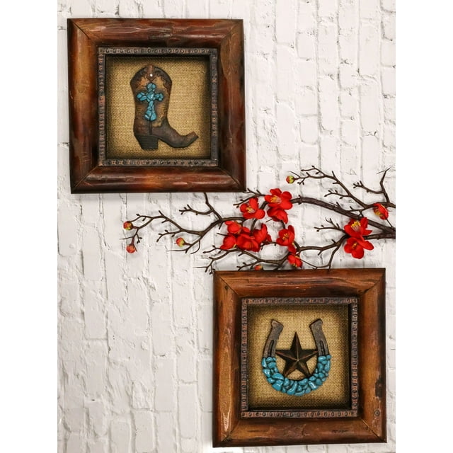 Set of 2 Western Turquoise Gems Cowboy Boot Horseshoe Wooden Wall ...