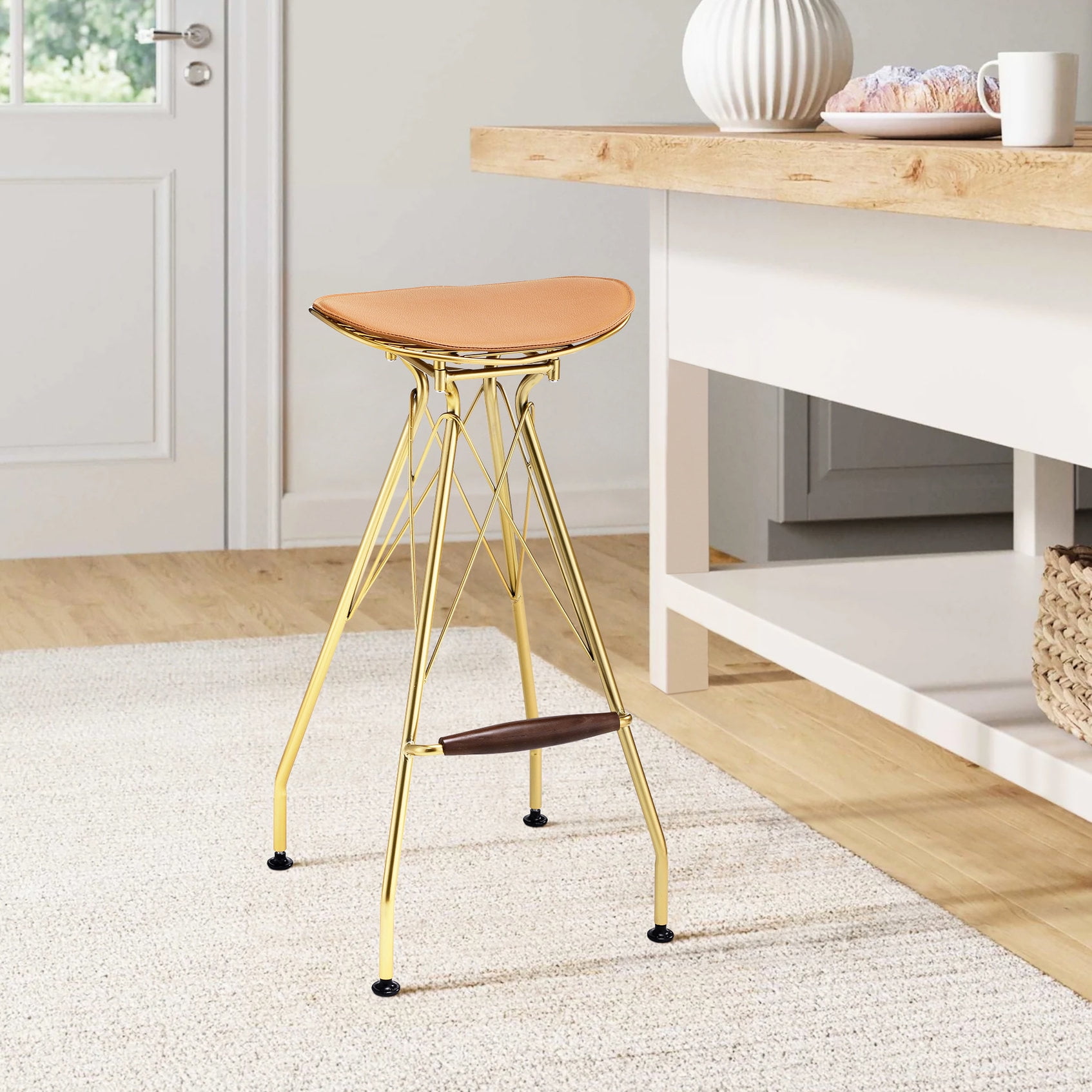 Set of 2 Whiskey Fabric and Gold Metal Bar Stools | Comfortable Saddle ...
