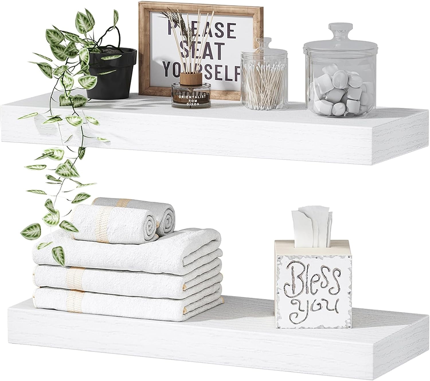 Set of 2 White Farmhouse Floating Shelves - 16 Inch Over Toilet ...