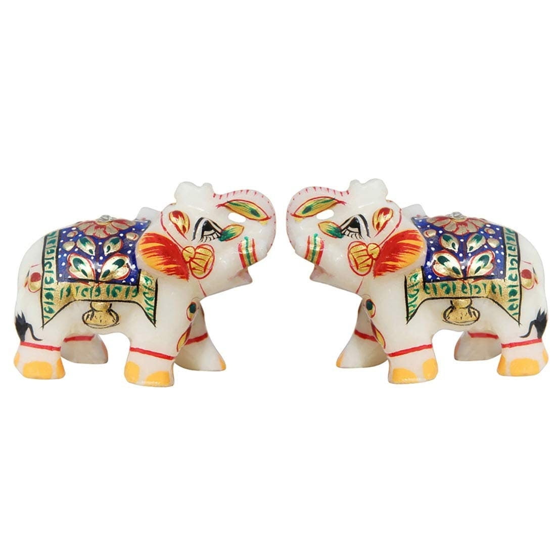 Set of 2 White Makrana Marble Elephant Figurines Gems Stone Inlaid ...