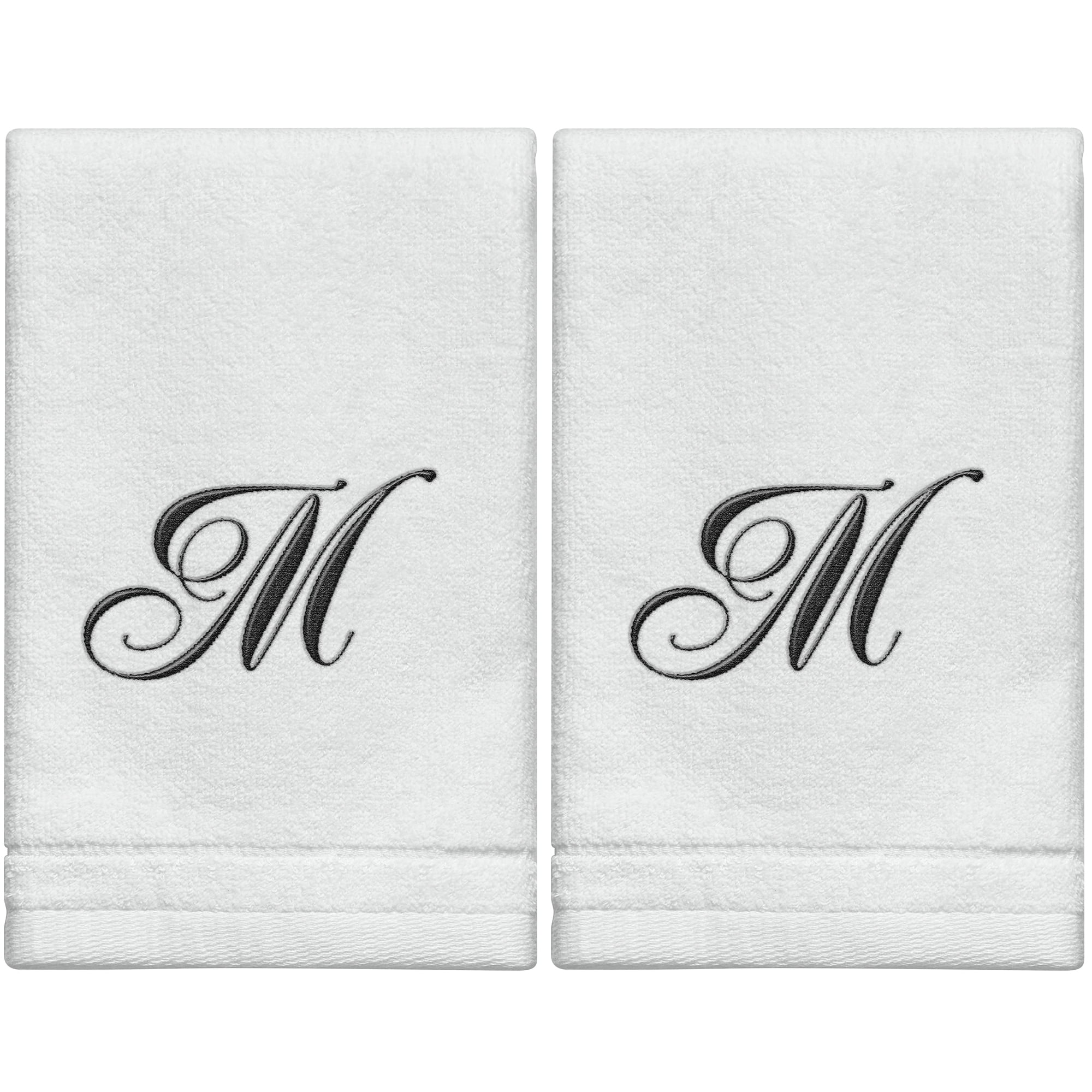 Set of 2 White Monogrammed Towel - Black Embroidered - Initial M ...