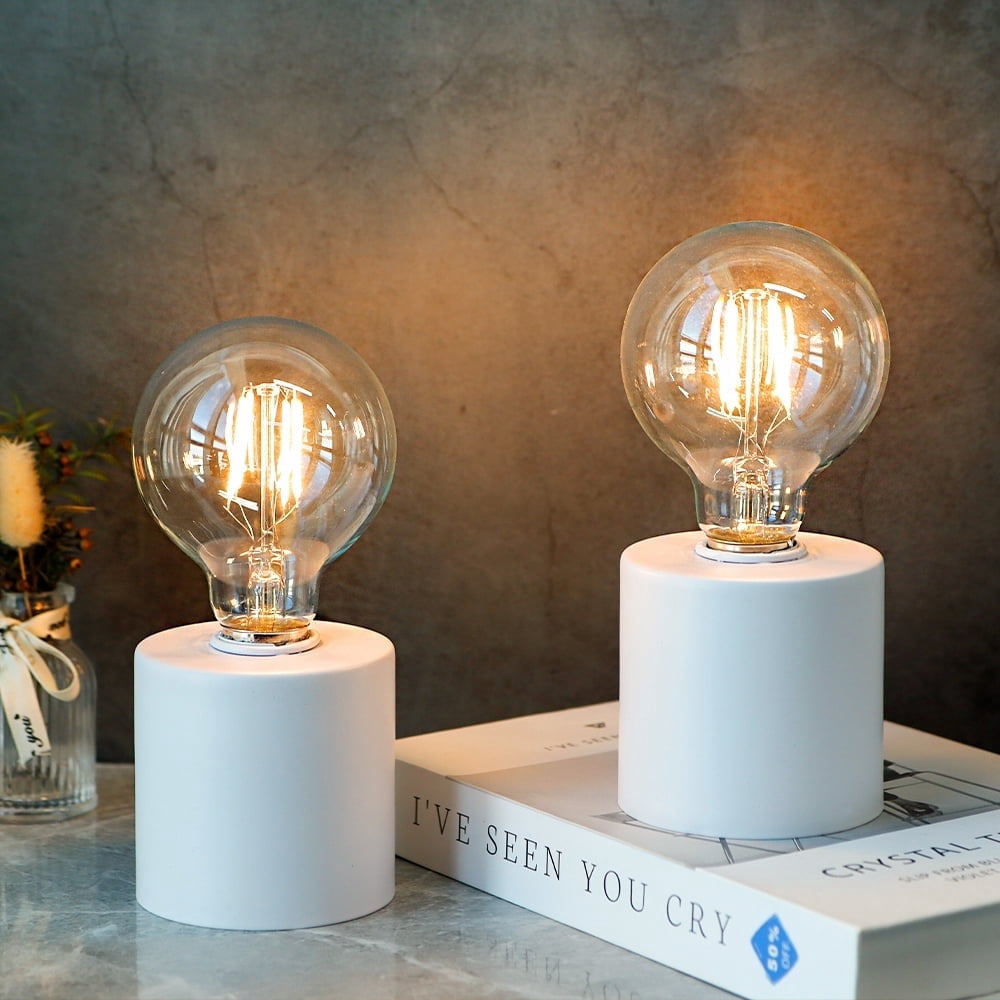 Set of 2-Light White Table Lamp with Edison Style Bulb, Battery ...