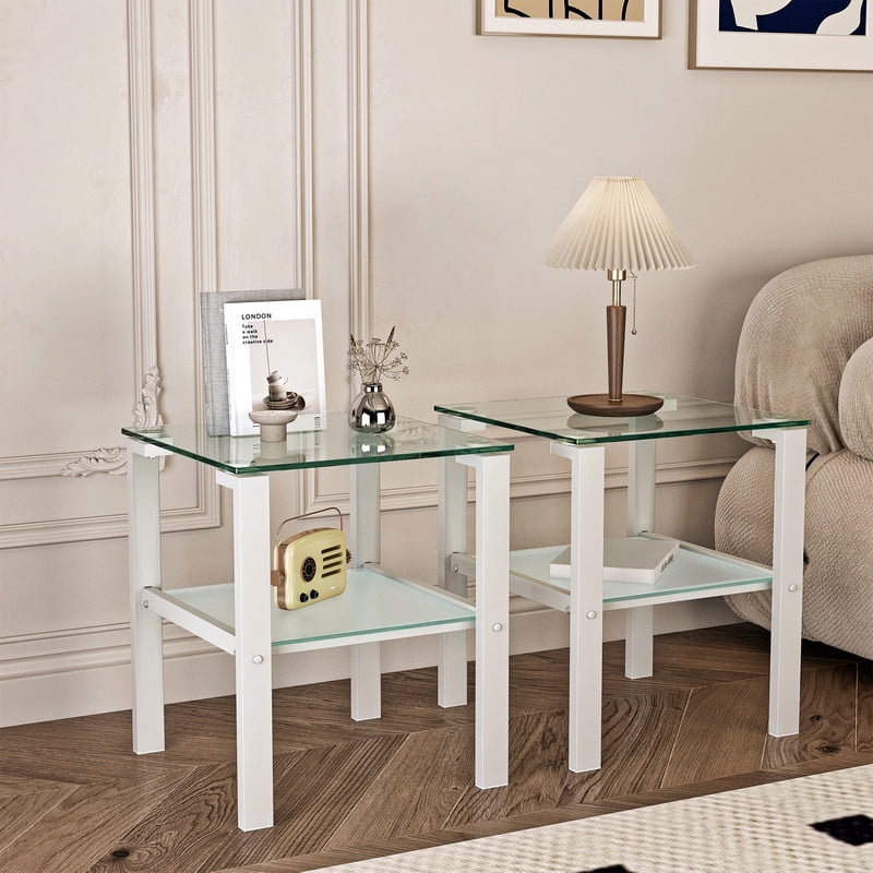 Set of 2 White Tempered Glass Two-Layer Tea Tables - Round Side Tables ...