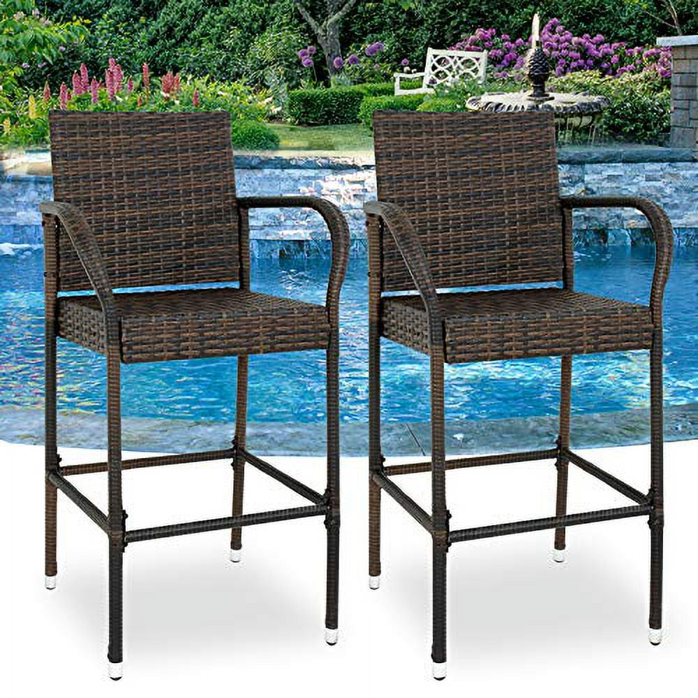 Set of 2 Wicker Bar Stool All Weather Outdoor Backyard Rattan Chair ...