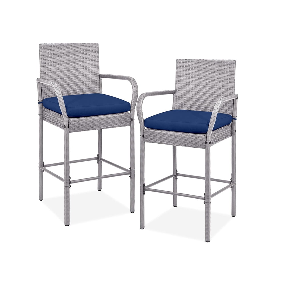 Set of 2 Wicker Bar Stools, Indoor Outdoor Bar Height Chairs w/Cushion ...