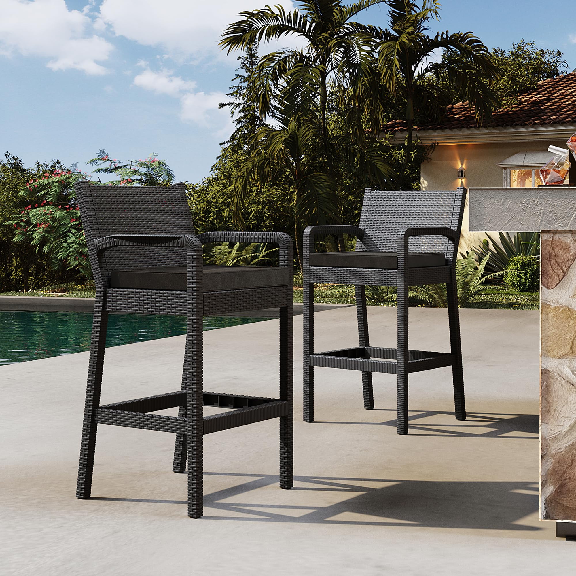 Set of 2 Wicker Bar Stools, Indoor Outdoor Bar Height Chairs w/Soft ...