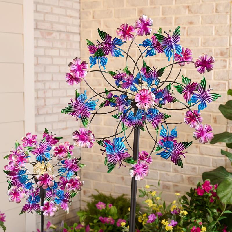 Set of 2 Wind Spinners with Solar Lights Garden Decorative Flower Patio ...