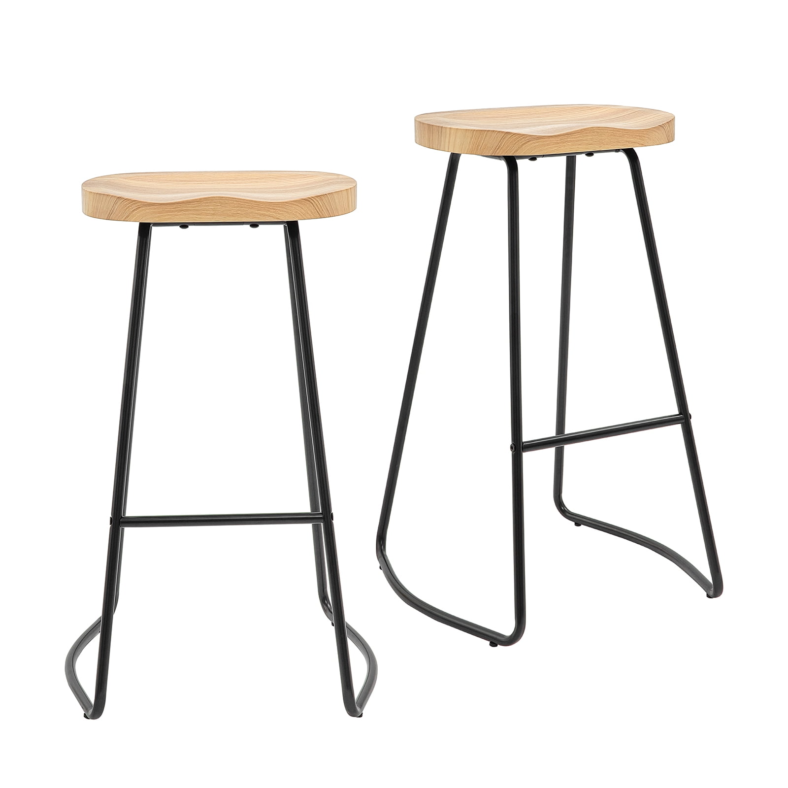 Set of 2 Wooden Bar Stools - Counter Height, Saddle Seat with Metal ...