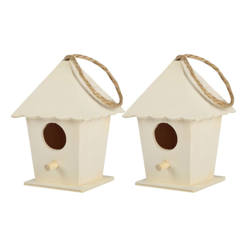 Set of 2 Wooden Birdhouses with Rope Hangers, Decorative Bird Nesting ...