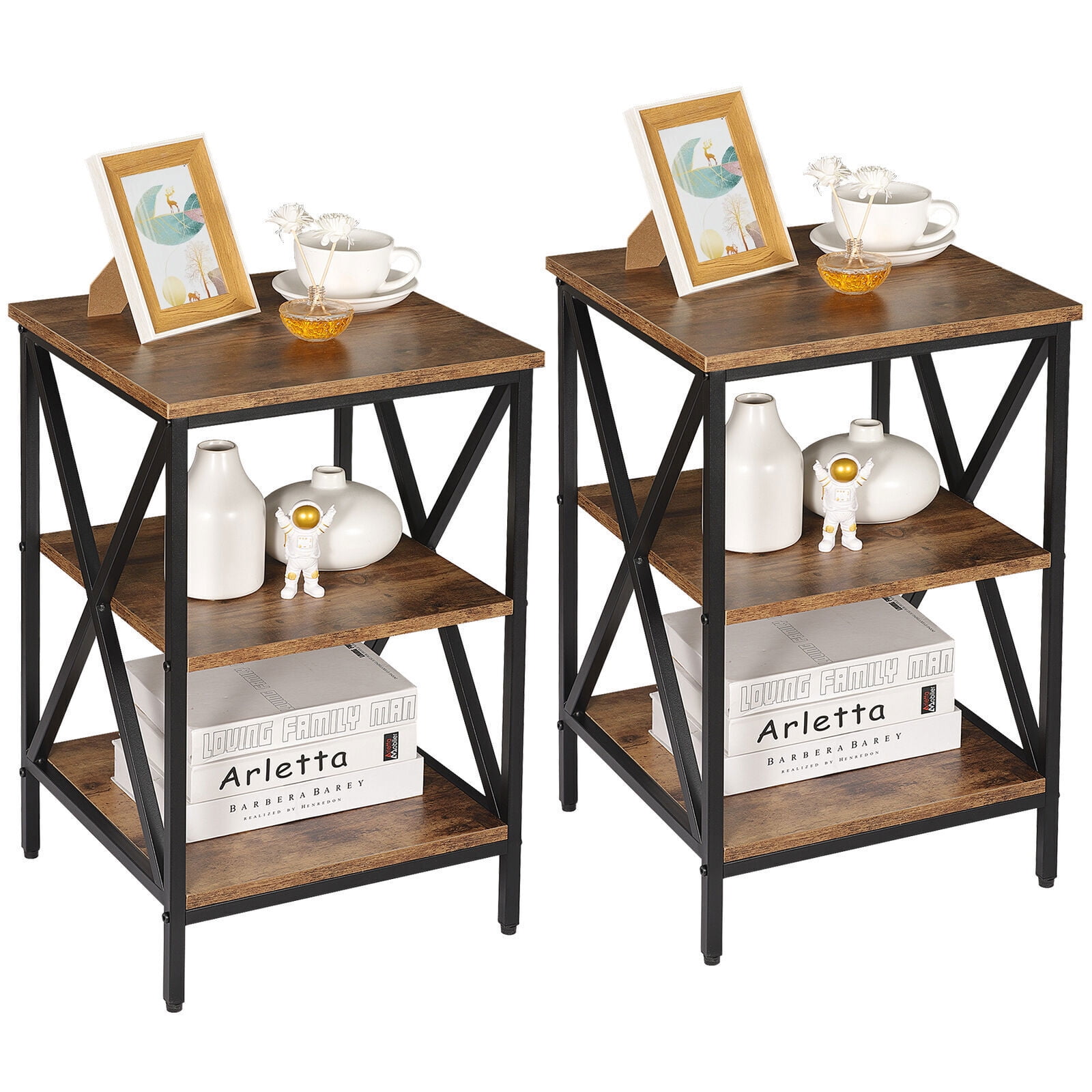Set of 2 X-shaped Legs End Tables 3-Tier Side Tables Display Storage ...