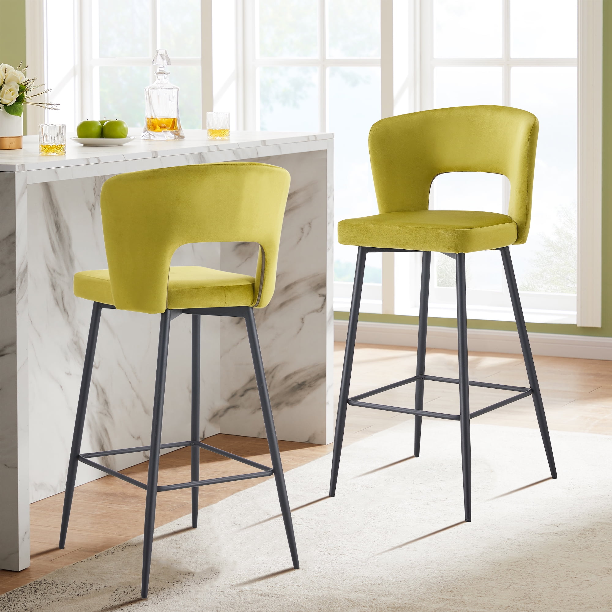 Set of 2 Yellow Armless Counter Height Bar Stools: Chic Velvet Backrest ...