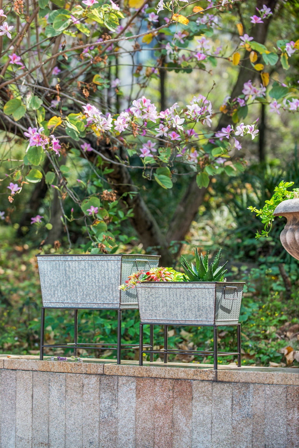 Set of 2 Zale Rustic Metal Planters with Stands, L:20x12x19.5" S:16.5x9 ...