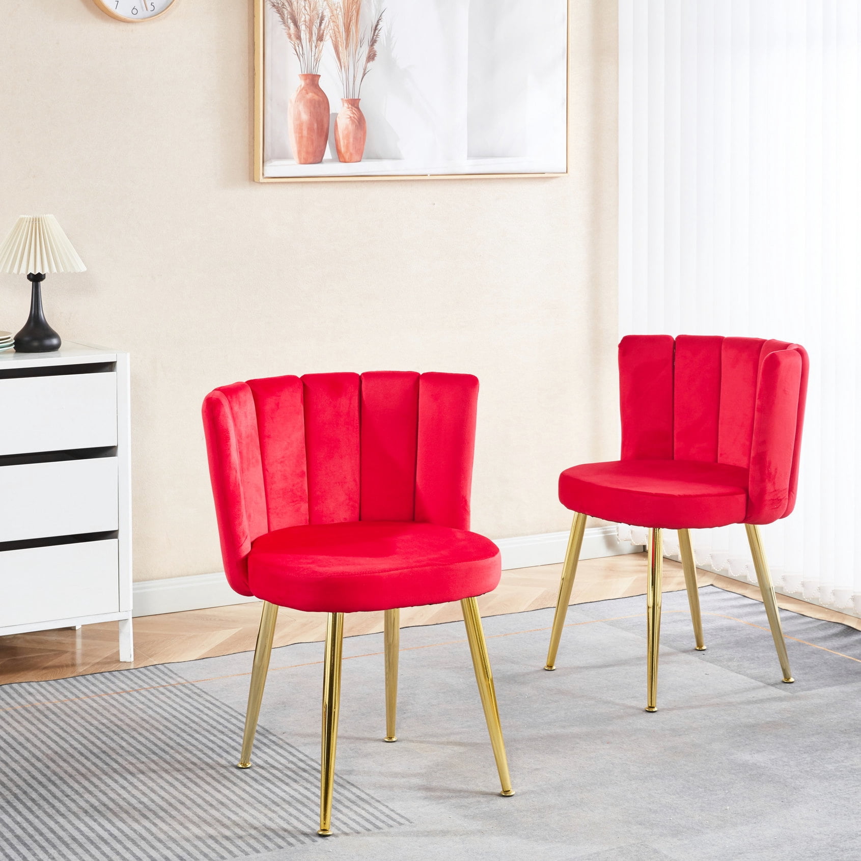 Set of 2 red chairs with velvet and metal legs / Easy assembly for ...