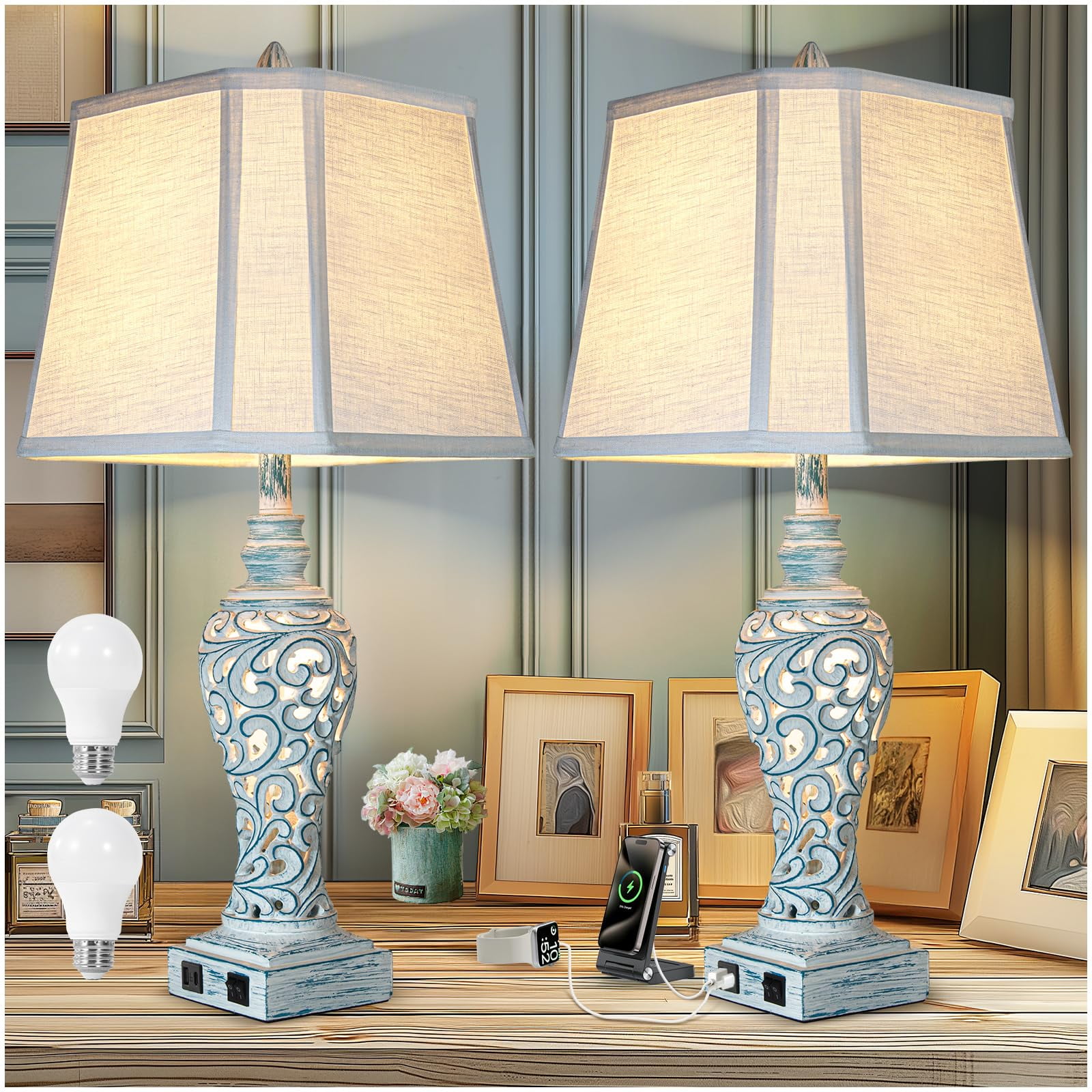 Set of 2 table lamps - Bedside lamp with fabric lampshade - Suitable ...