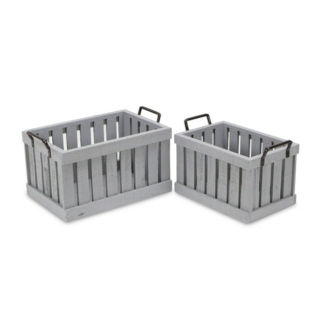 Set of 2 wood slat crates with side metal handles - Gray - Walmart.com