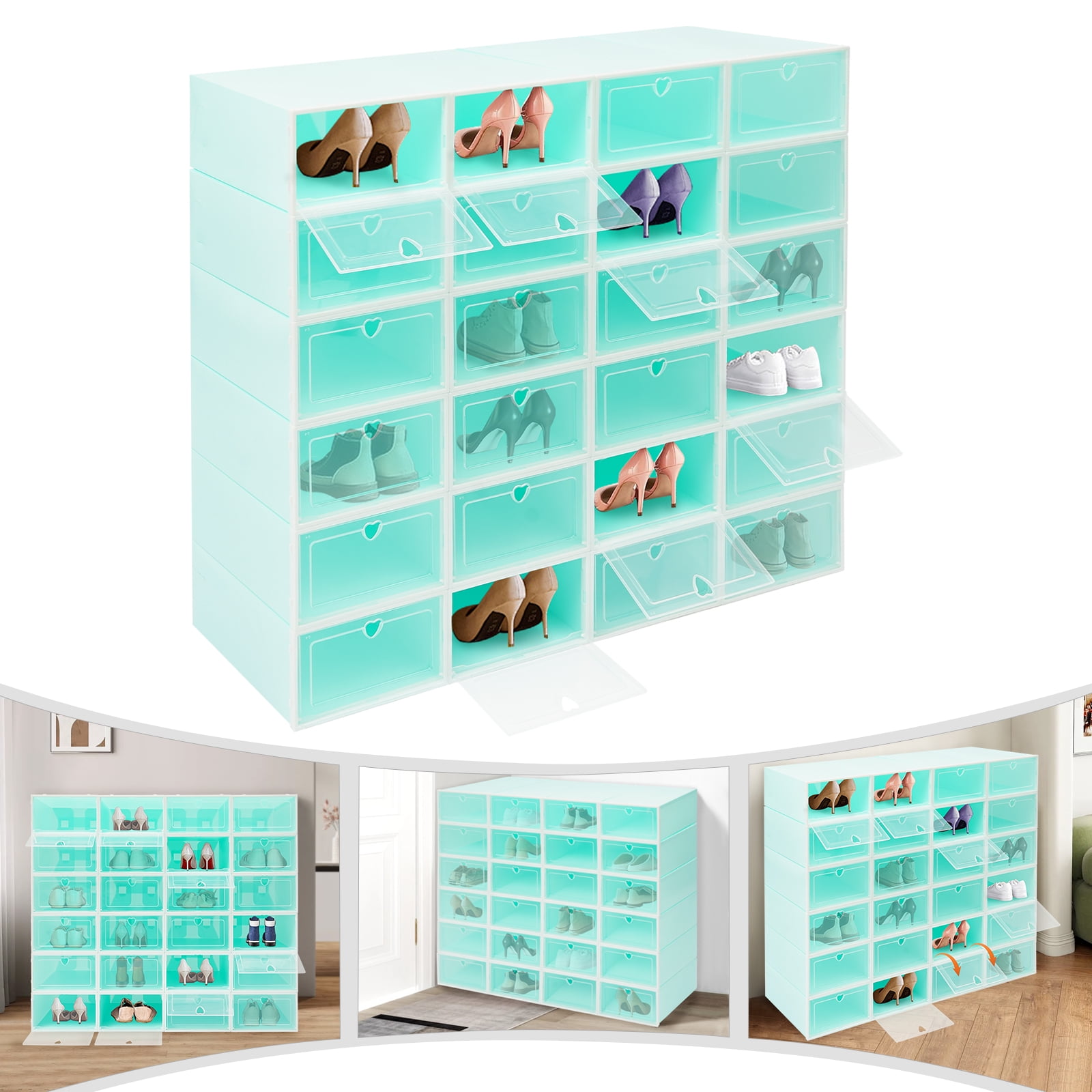 Set of 24 Sturdy Shoe Boxes, Clear Plastic, Foldable & Stackable Design ...