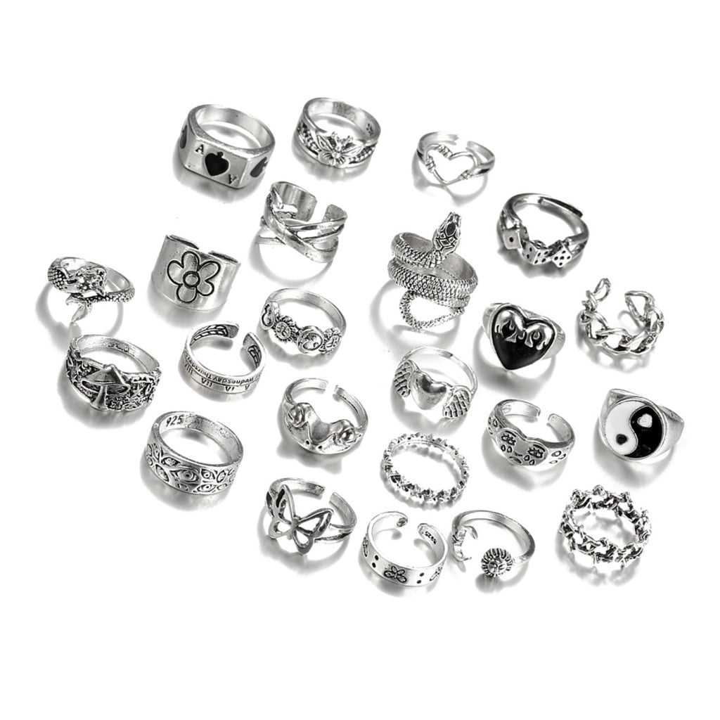 Set of 24 Y2K Gothic Silver Ring Set Elegant Grunge Rings Collection ...