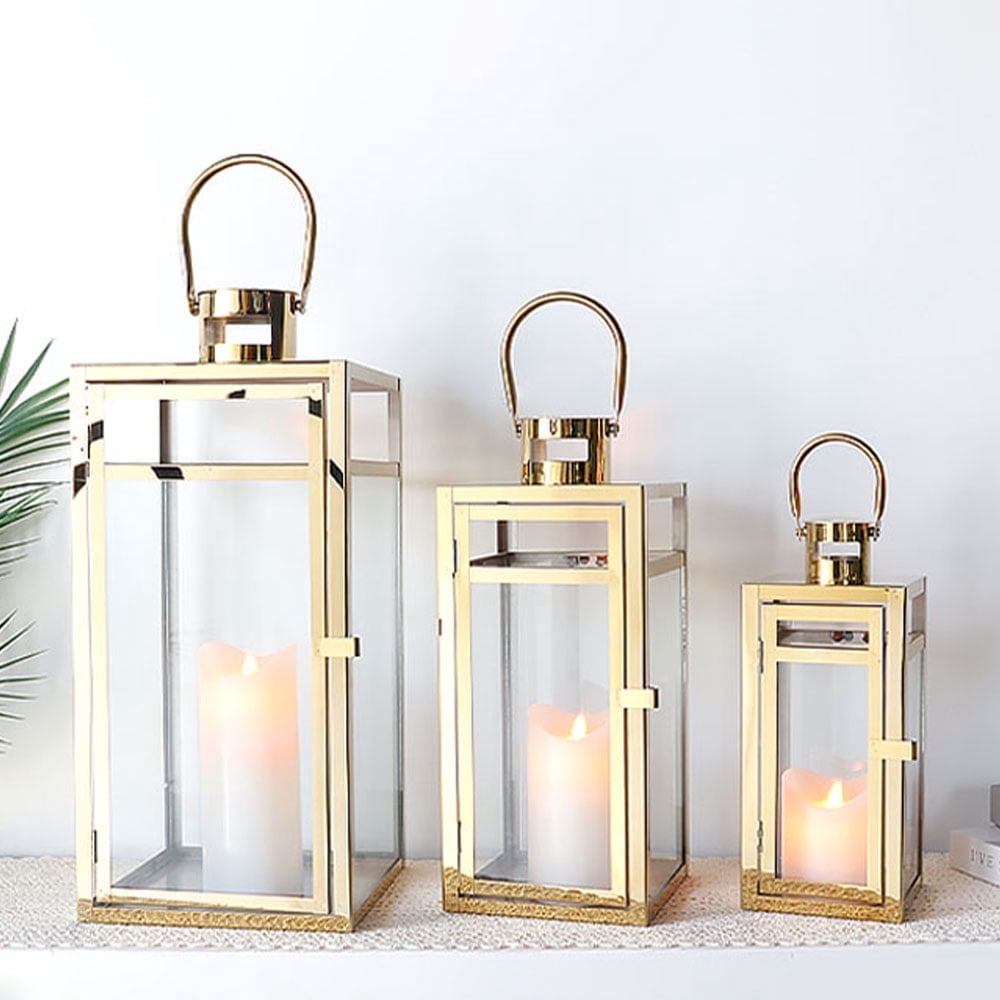 Set of 3 12/15/19 inch Metal Lanterns with Tempered Glass (Gold ...