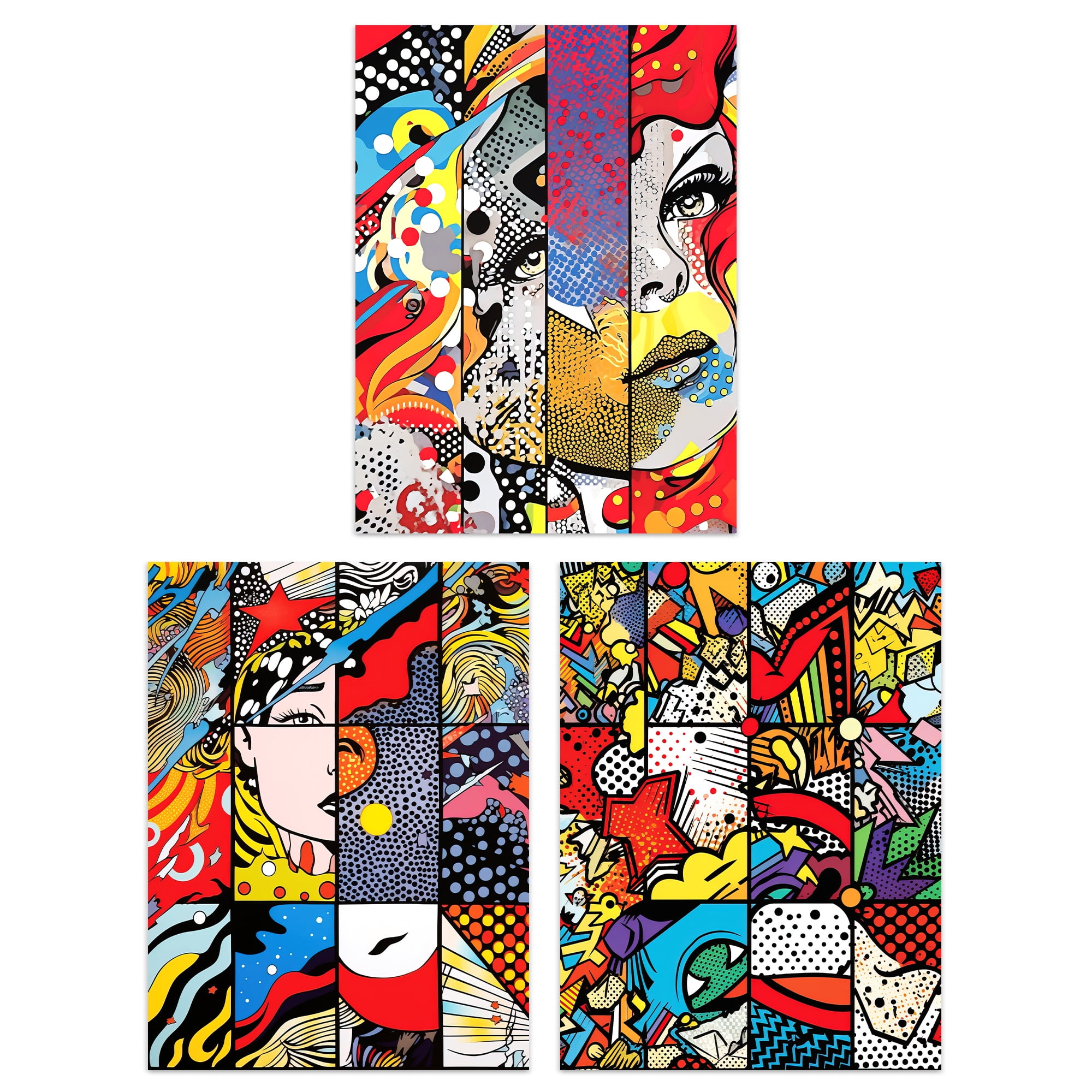 Set of 3 Abstract Pop Artwork Woman Face Comic Book Strip Style Vibrant ...
