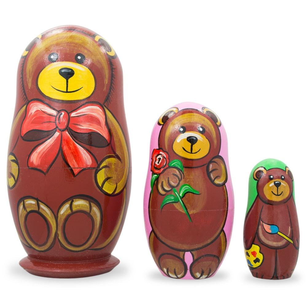 Set of 3 Bears with Rose and Bow Wooden Nesting Dolls 4.25 Inches ...