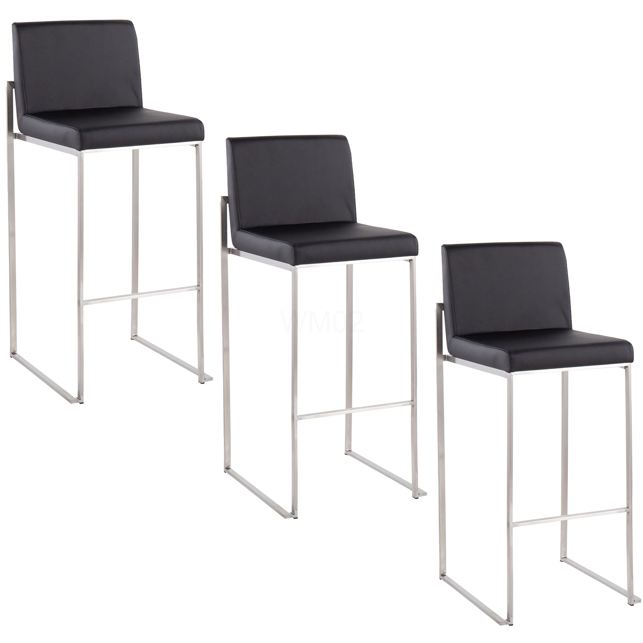 Set of 3 Black Faux Leather Bar Stools with High Backs, Extra Wide ...