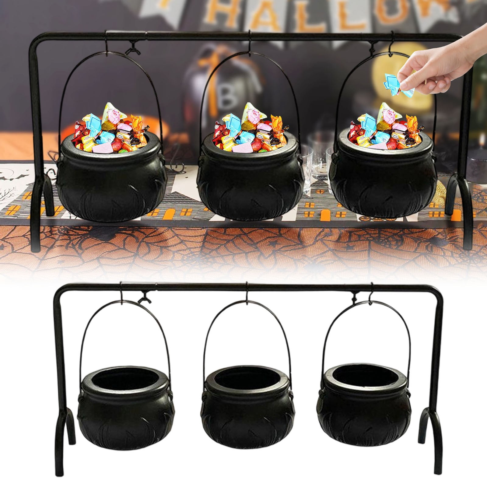 Set of 3 Black Cauldron Serving Bowls on Rack for Halloween Party ...
