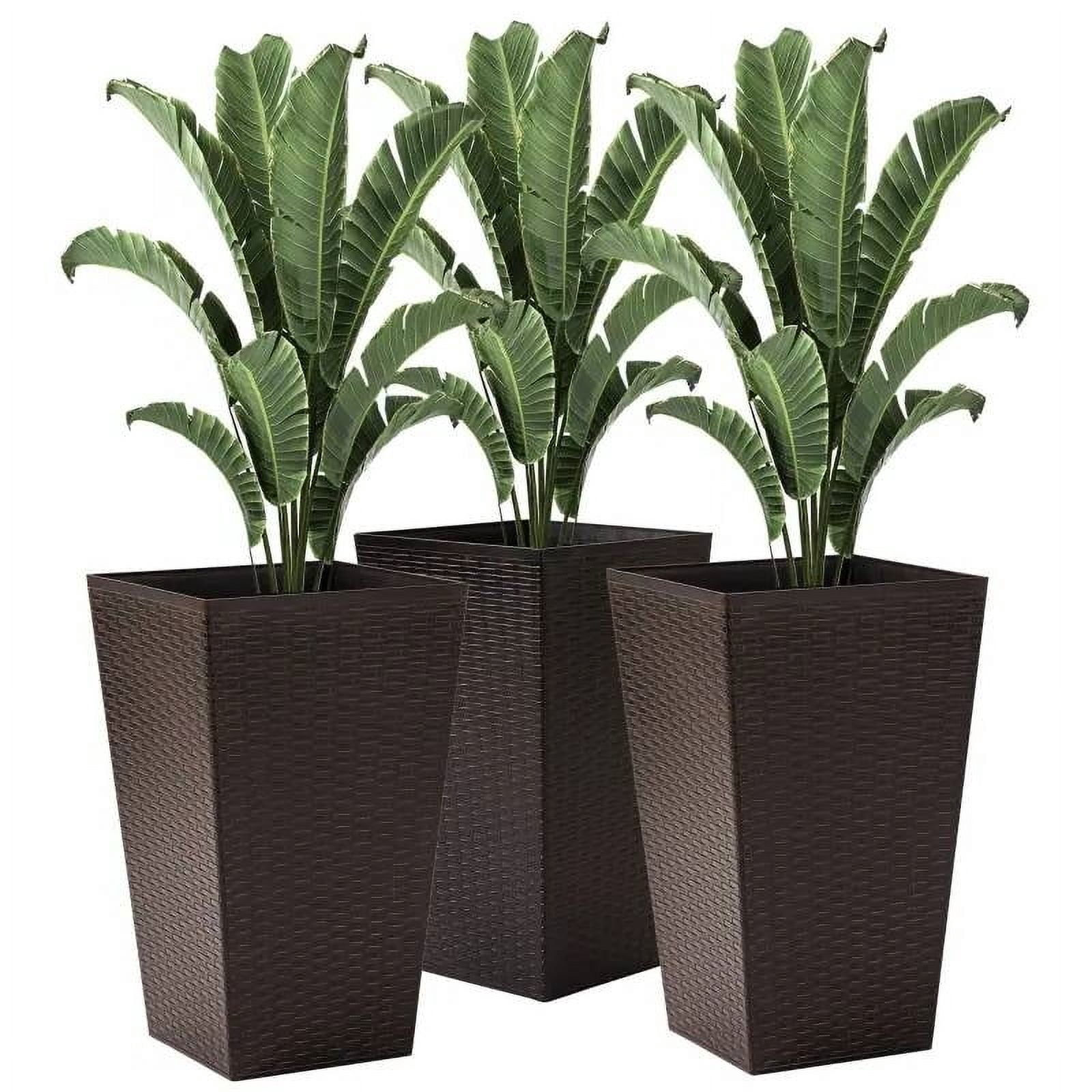 Set of 3 - Brown Faux Rattan Plastic Tall Large Flower Pots - Walmart.com