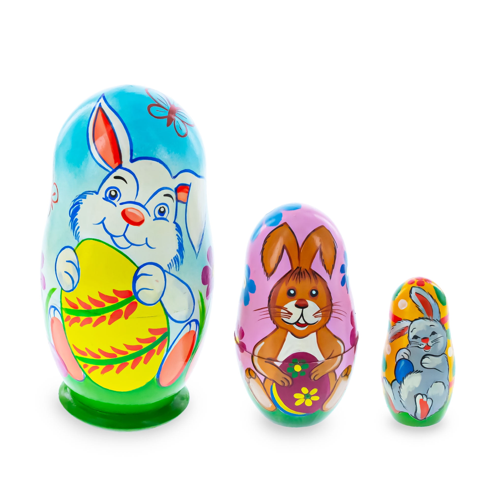 Set of 3 Bunnies and Easter Eggs Wooden Nesting Dolls 4.25 Inches ...