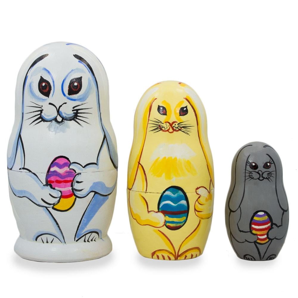 Set of 3 Bunnies with Easter Eggs Wooden Nesting Dolls 4.25 Inches ...