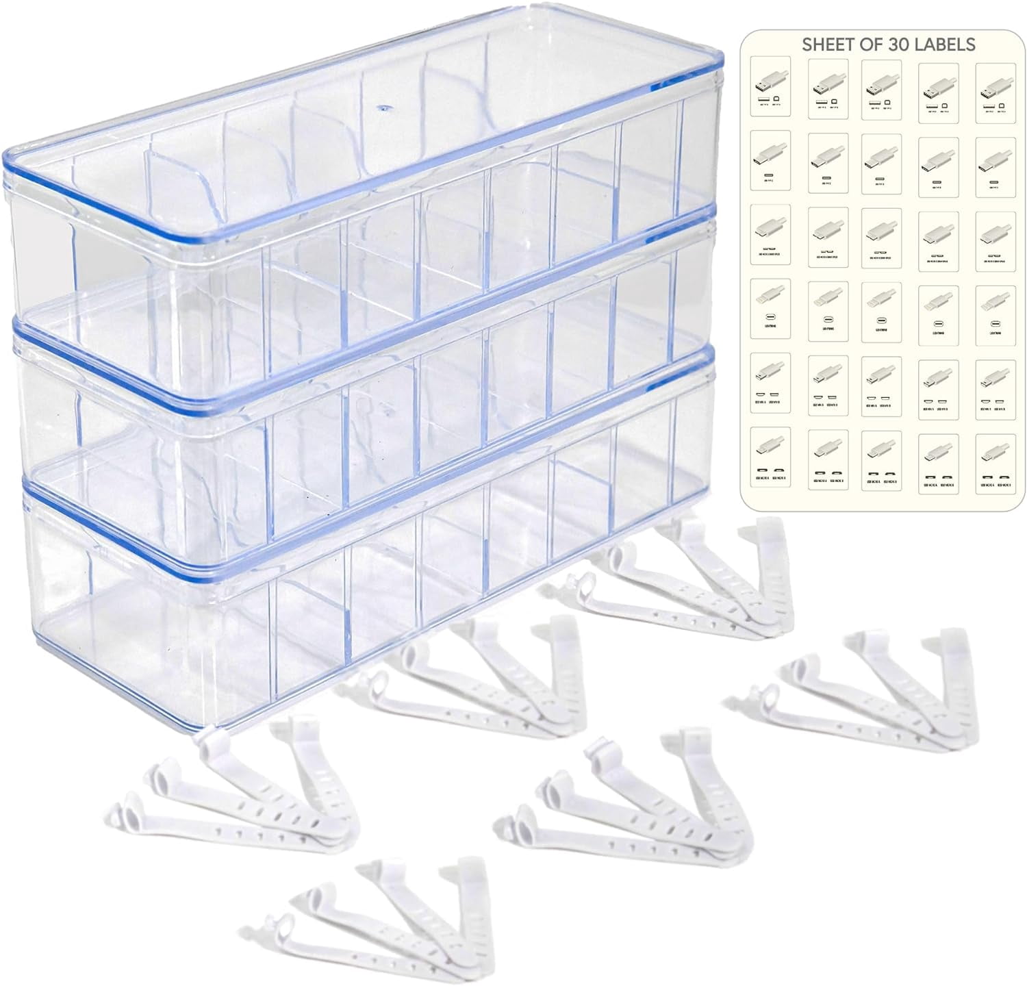 Set of 3 Cable Organizer Box W/Labels - Charger Box, Stackable W/Lids ...