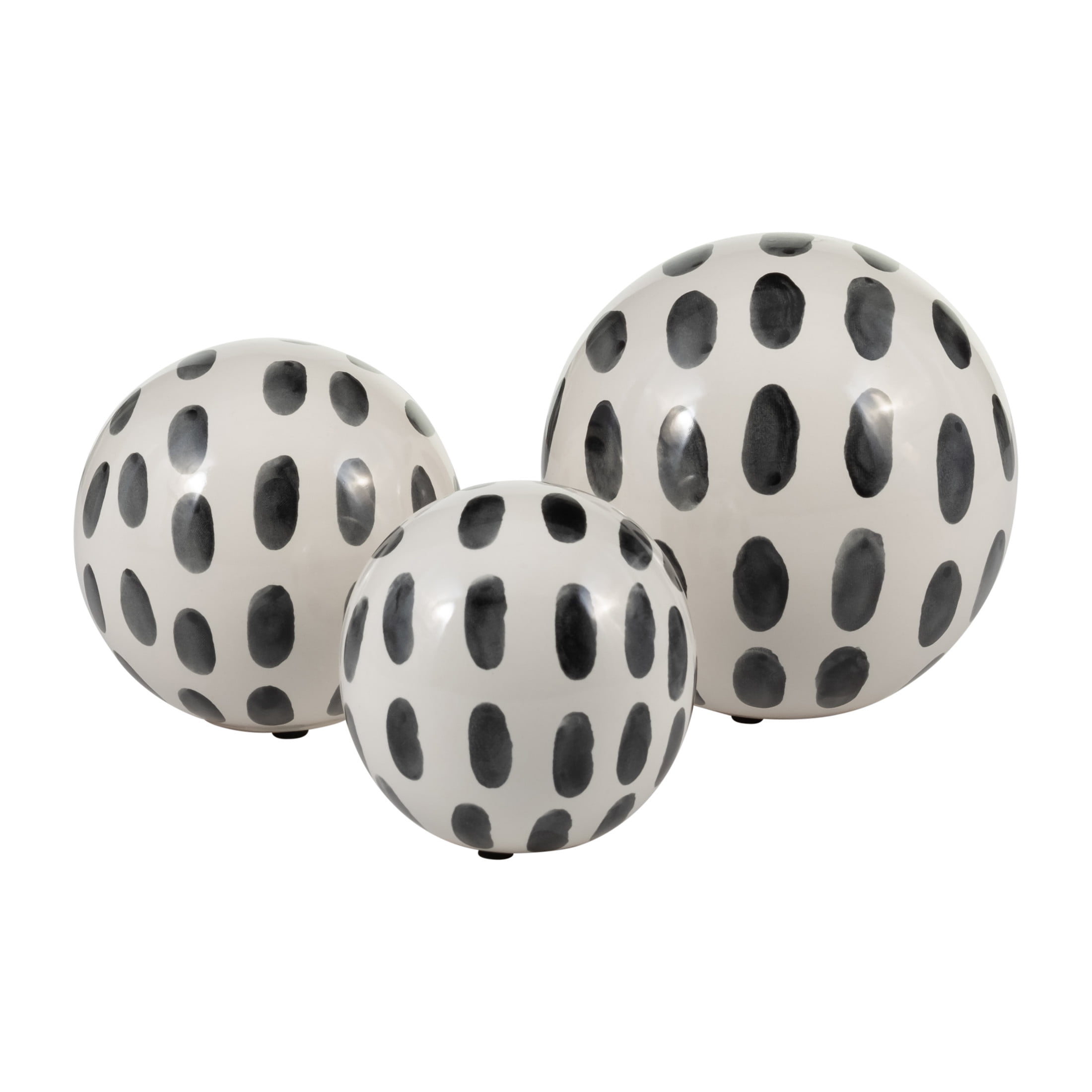 Set of 3 Ceramic Orbs 4", 5", 6" Set of Black and White Spotted ...