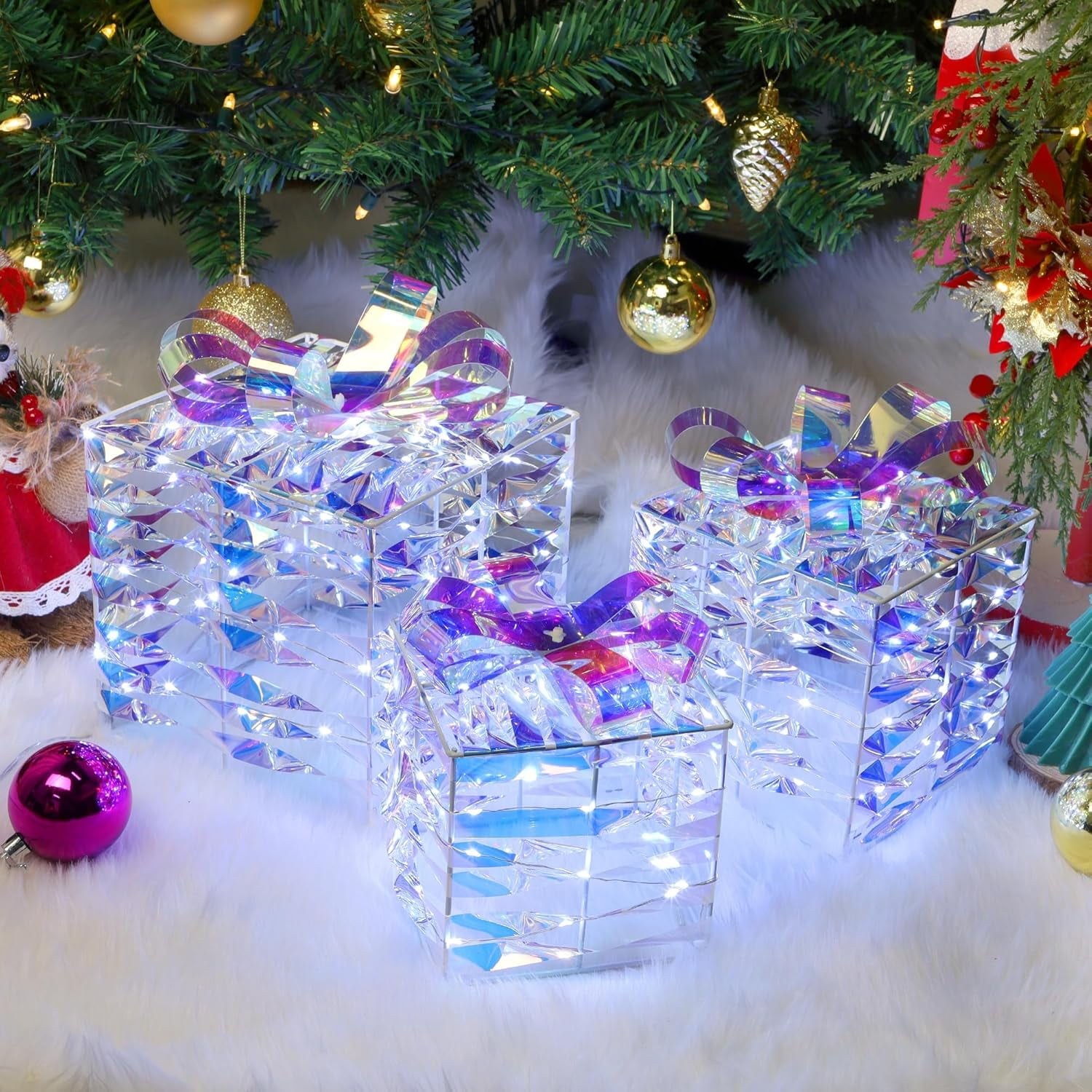 Set of 3 Christmas Lighted Gift Boxes, 140 Cold White LED Present Boxes ...